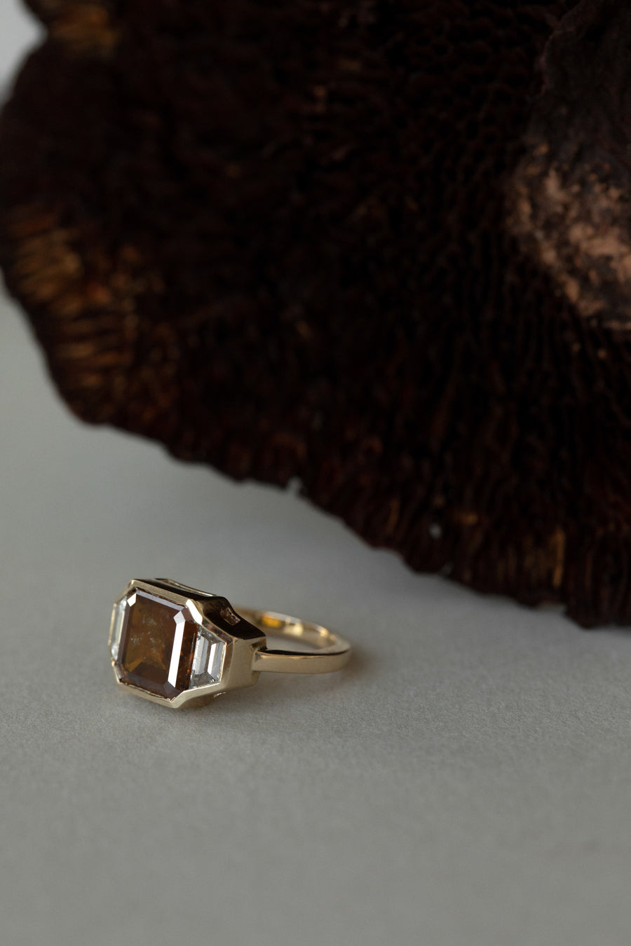 Rustic Amber Diamond Three-Stone – June Rings
