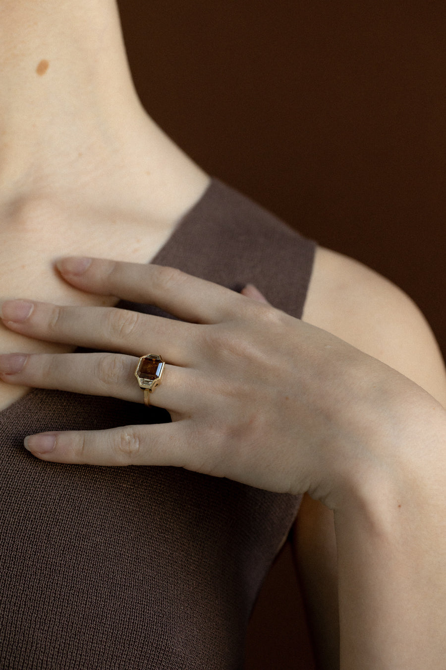 Rustic Amber Diamond Three-Stone – June Rings