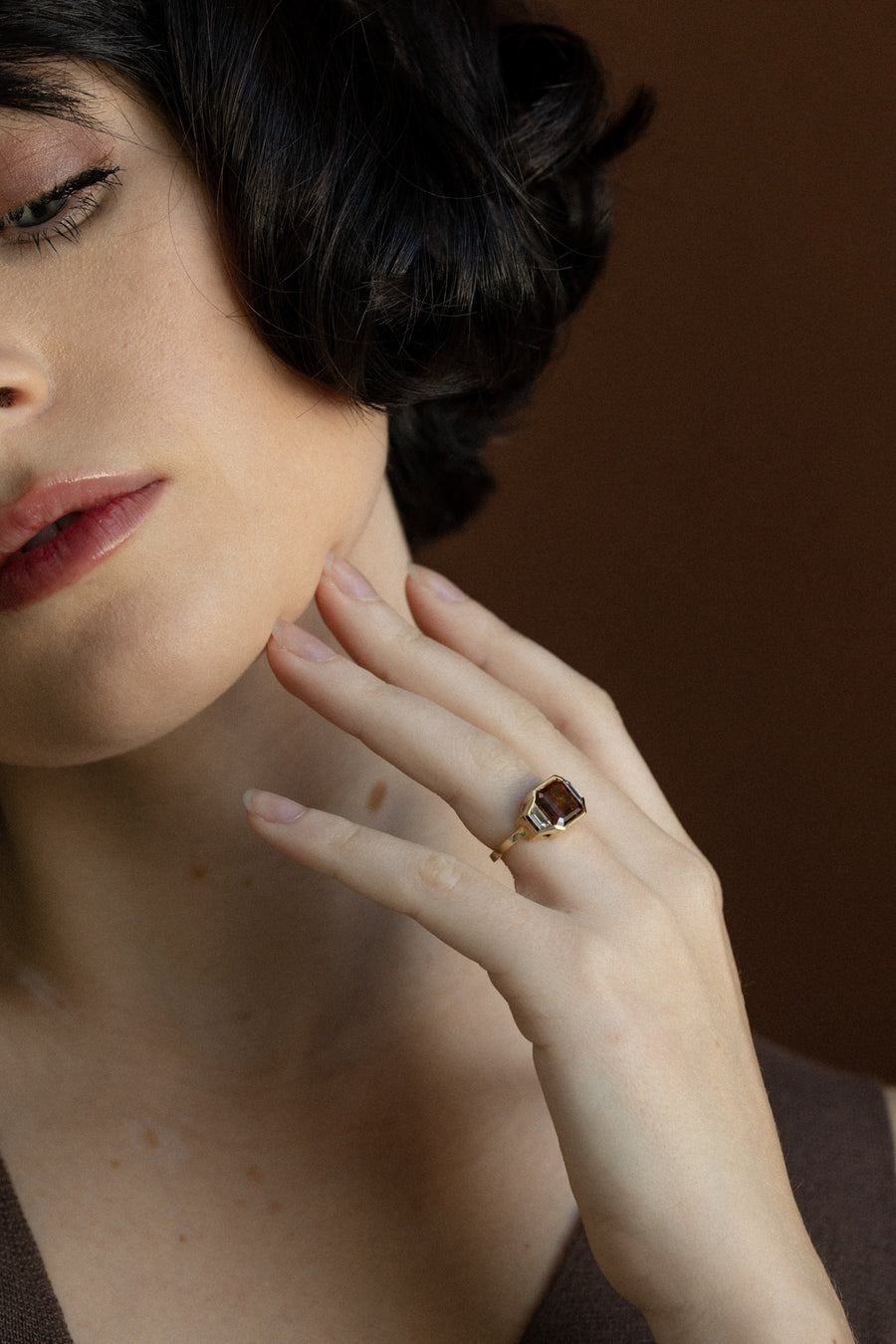 Rustic Amber Diamond Three-Stone – June Rings