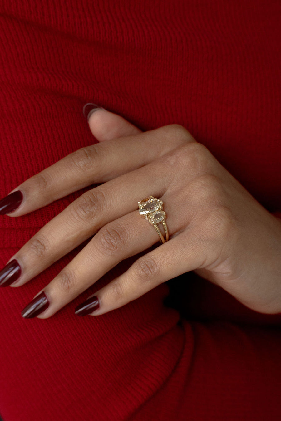 Champagne Moval Three-Stone – June Rings