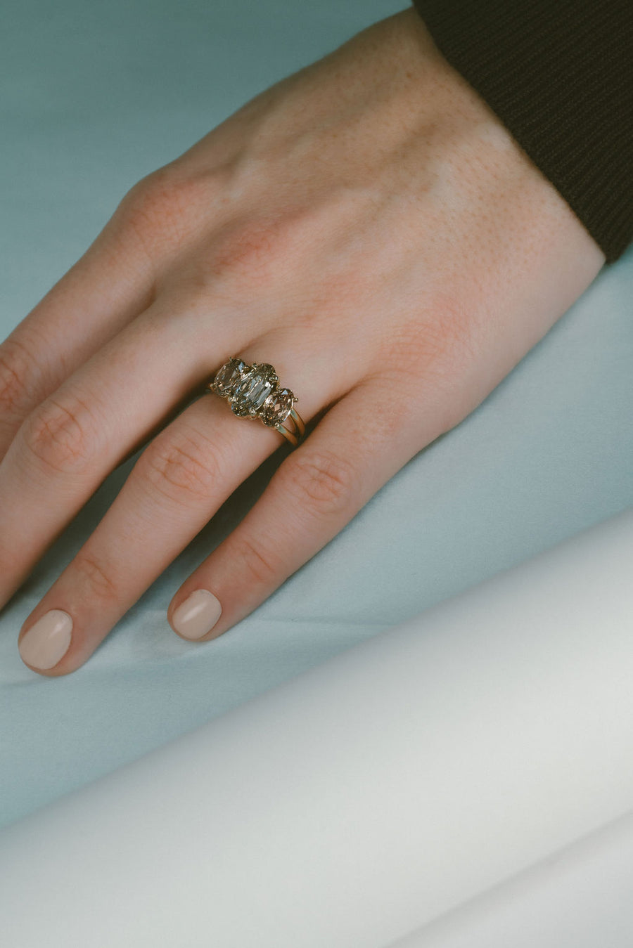 Gale | Champagne Moval three stone – June Rings